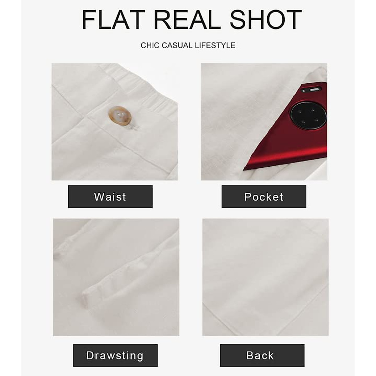 JMIERR Mens Casual Linen Pants Loose Fit Straight Legs Lightweight Elastic Waist Drawstring Trousers Summer Beach Yoga Pant Baggy US 34(M) White