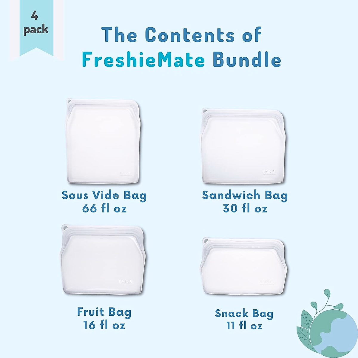 RAiN.B. 4 Pack Reusable Silicone Food Storage Bags, Leak Proof Silicone Zipper Bag Half Gallon Freezer Bag Sous Vide Bag, Food Grade Platinum Silicone (Clear)