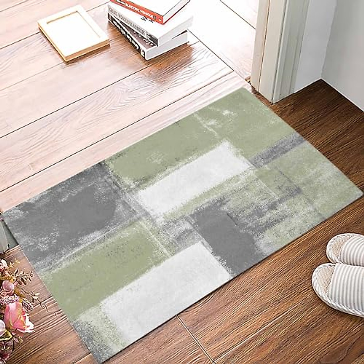 Indoor Door Mat,Sage Green Abstract Painting 20 x 32 inch Large Non-Slip Absorbent Dirt Entrance Mat, Washable Low Profile Inside Floor Mat Doormats for Entryway