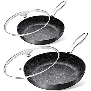 MICHELANGELO Hard Anodized Frying Pans Nonstick with Lid, 9.5" & 11" Nonstick Frying Pan Set with Lids, Frying Pans for Cooking, Nonstick Skillet Sets with Granite-derived Interior, 2 Pan Set