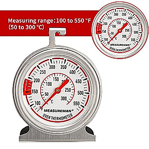 MEASUREMAN Oven Thermometer 70mm Dial Size, Heavy Duty 304 Stainless Steel Case and Fringe, with Hook, 100-550F/C, 2.5% Accuracy, Blow-Out at Back
