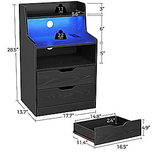 Rolanstar Nightstand with Charging Station and LED Lights, 2 AC and USB Power Outlets, Night Stand with 2 Drawers and Storage Shelves, Bedside Table for Bedroom - Black