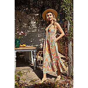 2023 Women's Halter Neck Floral Sleeveless Summer Dresses for Beach Greygreen L