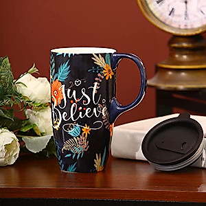 DUSVALLY Ceramic Travel Mug with Handle, Splash-Resistant Slider Lid, Ceramic Coffee Mug for Office and Home, Microwave & Dishwasher Safe, Just Believe Flower