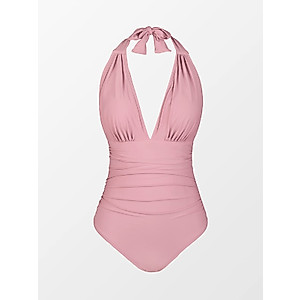CUPSHE Women V Neck One Piece Swimsuit Halter Backless Ruched Tummy Control Bathing Suit, M Dusty Pink