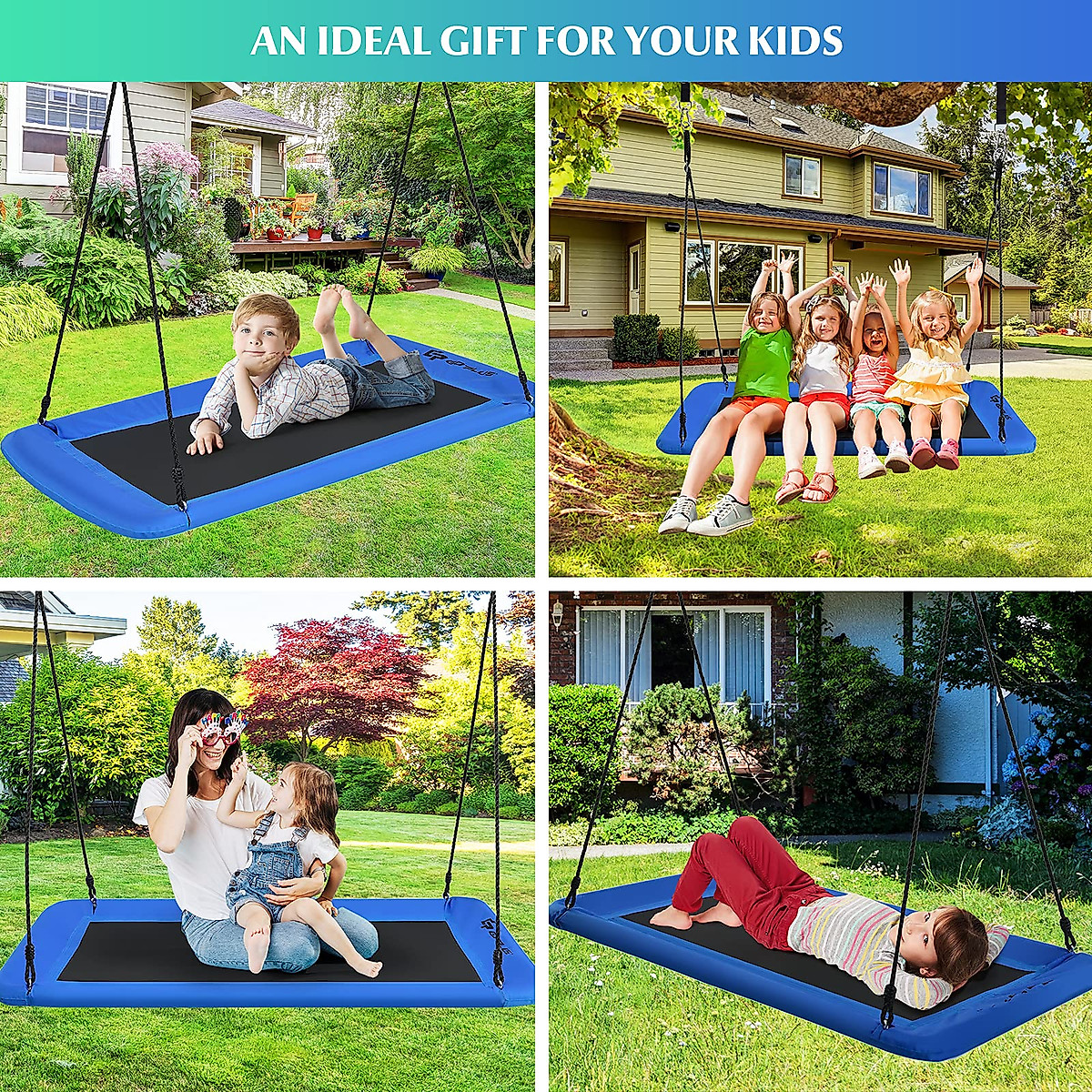 Goplus 700LBS 60 Inch Giant Platform Tree Swing for Kids and Adults, Indoor Outdoor Adjustable Rectangle Swing w/ 2 Hanging Straps & Steel Frame, Waterproof Swing Set for Porch Backyard (Navy Blue)