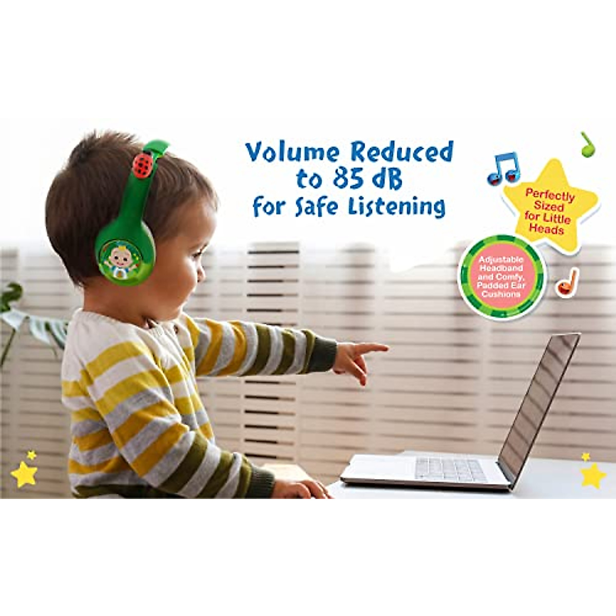 eKids Cocomelon Bluetooth Headphones for Kids, Wireless Headphones with Rechargeable Battery and USB-C Charging Cable Included