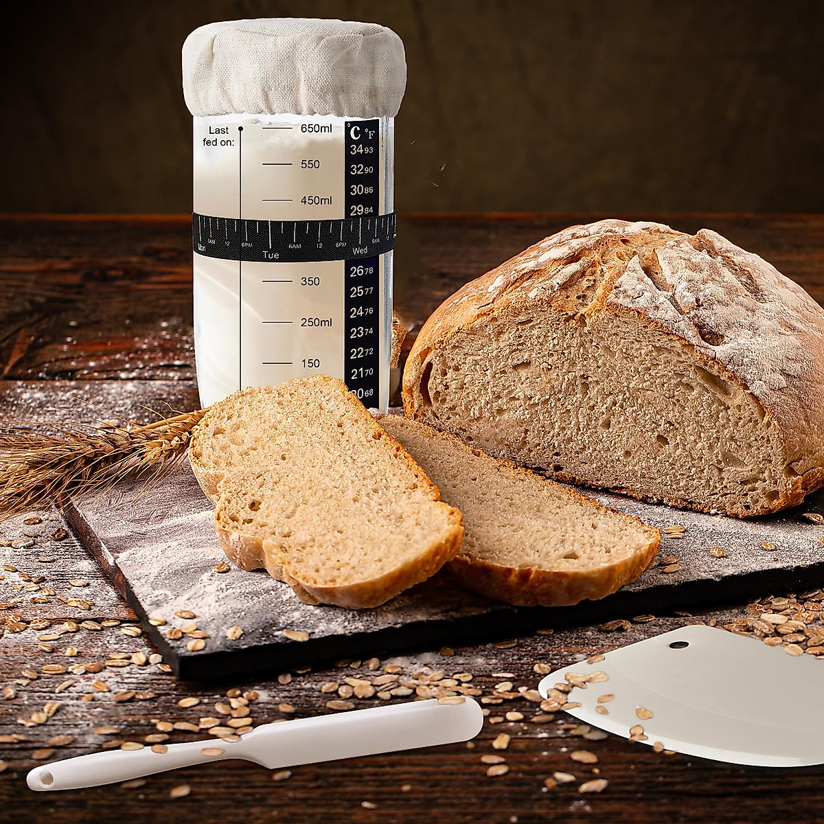 Jodhu Sourdough Starter Jar Kit 24oz with Spatula & Dough Scraper Wide mouth Aluminium lid thermometer Dated Rubber feeding band Sewn cloth cover for baking Sourdough culture bread yeast