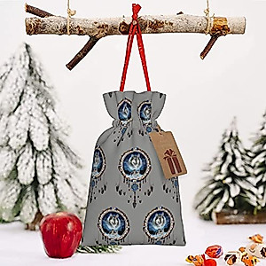 Drawstrings Christmas Gift Bags Indian-Catcher-Wolf-Grey Presents Wrapping Bags Xmas Gift Wrapping Sacks Pouches Medium
