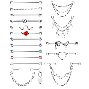 ZELORES 14G Industrial Piercing Jewelry Stainless Steel Industrial Earring for Women Men Snake Chain Dangle Cartilage Helix Piercing Jewelry Industrial Piercing Bar 38MM (Set1)