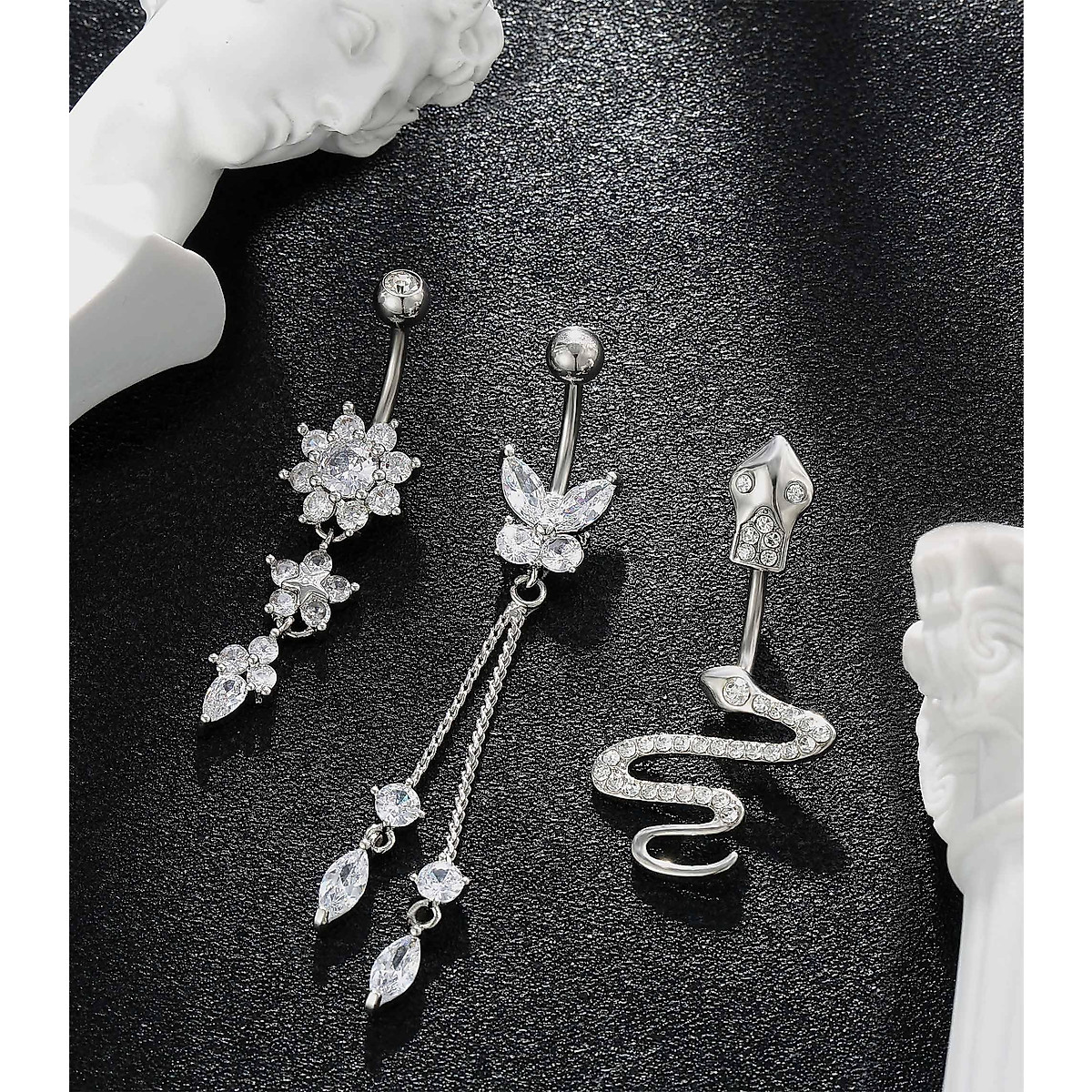 Shakalaka 9pcs Surgical Steel Belly Button Ring for Women Belly Piercing Dangling Cute Heart Butterfly Navel Rings Pack Silver Color