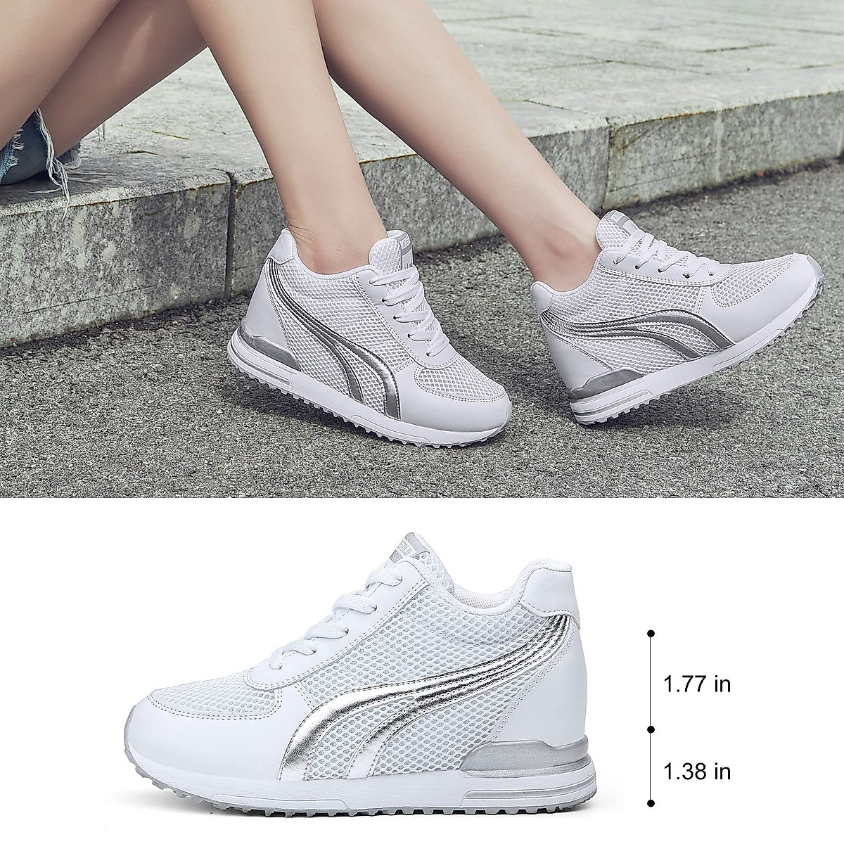 AONEGOLD Womens Hidden Wedges Shoes High Heeled Lightweight Mesh Sneakers Casual Walking Shoes Tennis Chic(Size 41, White)