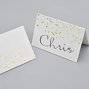 AZAZA 50 Pcs Place Cards with Gold Foil Dots - Textured Table Tent Cards Seating Place Cards for Weddings Banquets Dinner Parties 2.5" x 3.75" (Dots - Gold)