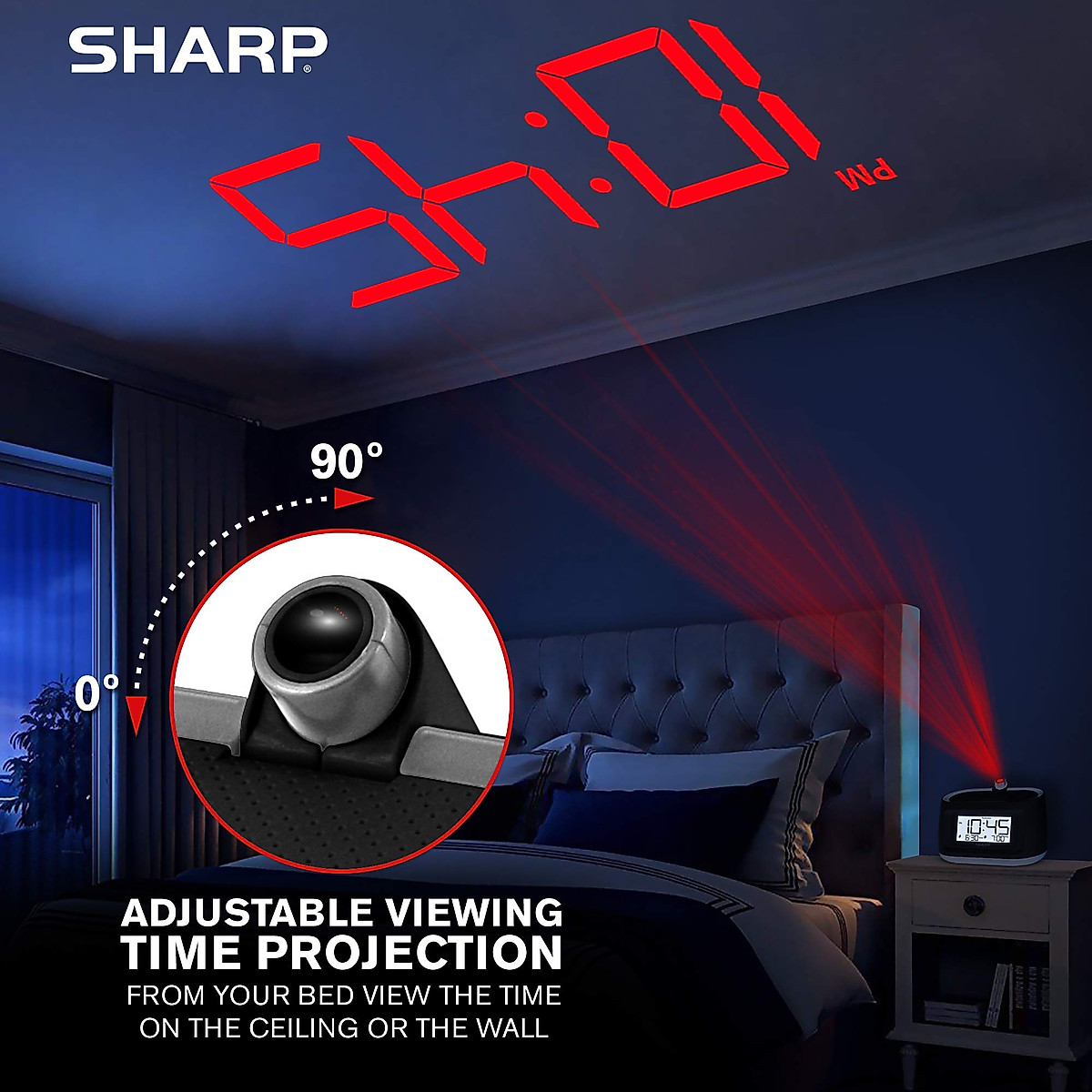 Sharp LCD and Projection Alarm Clock with 8 Soothing Nature Sleep Sounds – Project onto Wall or Ceiling, Black with Gunmetal Trim
