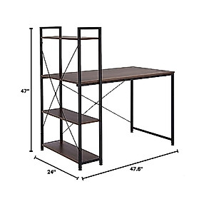 Coral Flower Tower Computer Desk with 4 Tier Shelves - 47.6'' Multi Level Writing Study Table with Bookshelves Modern Steel Frame Wood Desk Compact Home Office Workstation (Natural brown)