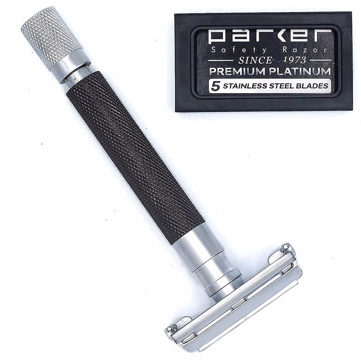 Parker 74R Graphite Gray - Long Handle Heavyweight Butterfly Open Double Edge Safety Razor for Men, 5 Parker Premium Platinum Double Edge Razor Blades included