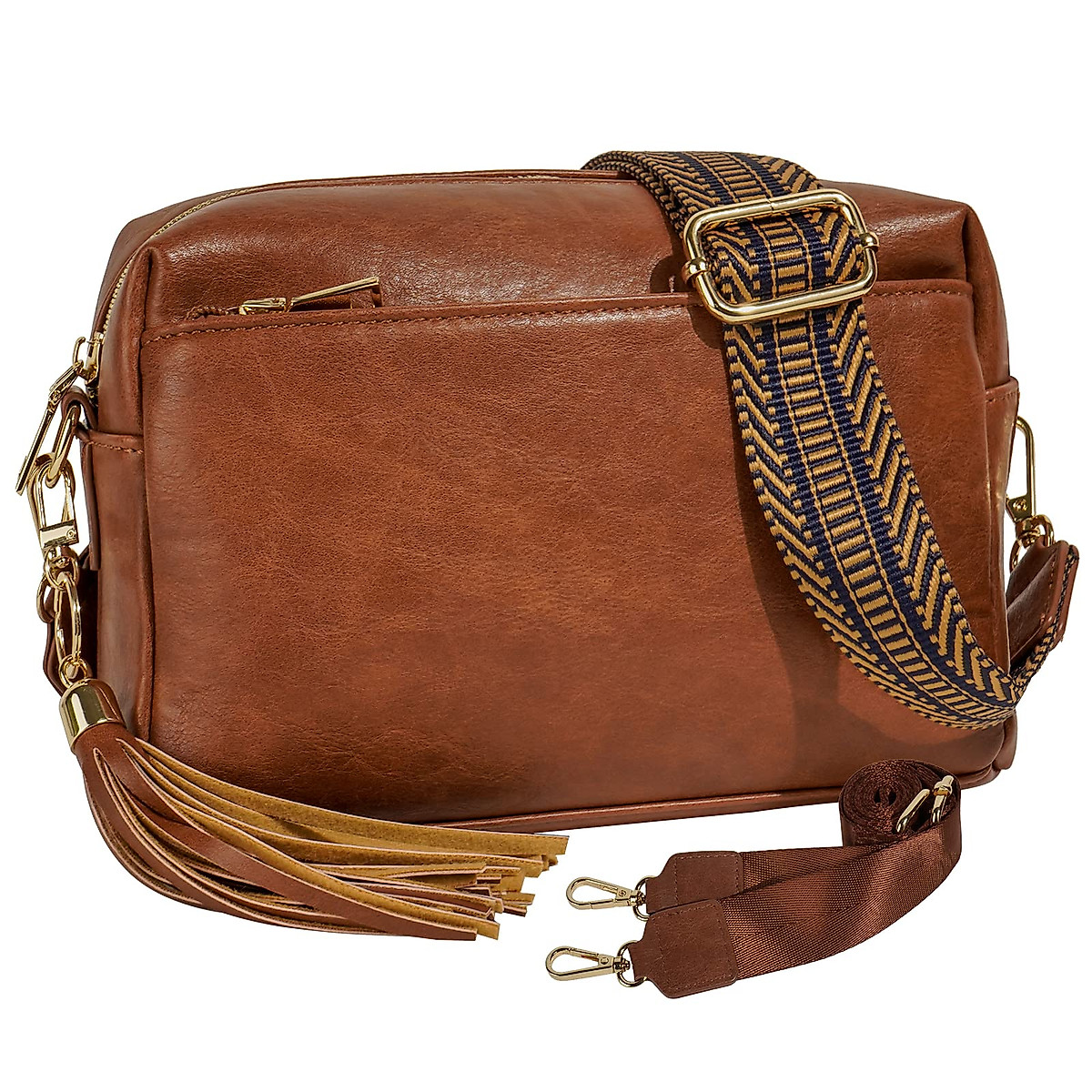 LUCKWE Crossbody Bags for Women,Small Vegan Leather Crossbody Purse,Women's Shoulder Handbags with 2 Wide Straps & Tassel Brown