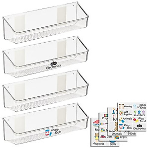 mDesign Plastic Adhesive or Wall Mount Wide Toy Storage Tray Basket; for Playroom, Kids Bedroom Organization; Holds Small Toys, Craft School Supplies + 24 Labels, Ligne Collection, 4 Pack, Clear