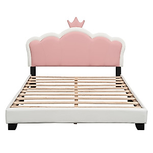 Upholstered Platform Bed, Pink Cute Cartoon Elements Princess Bed Fun Bed, Wood Full Size Bed Frame with Crown Shaped Headboard, Kids Bedroom Furniture Cute Bed Upholstered Bed