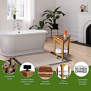 EcoDecors Snazzy Corner Teak Shower Corner Shelf 18" Tall Natural Wood Corner Shower Seat Bench with Shelf 60 Degree Oasis Corner Stool in Earthy Teak Finish