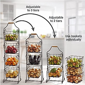 Gourmet Basics by Mikasa Ferme 4-Tier Metal Floor Standing Fruit/Home Storage Market Basket, Antique Black