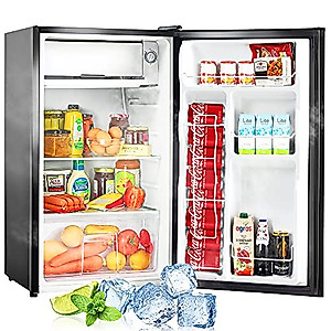3.2 Cu. Ft. Stainless Steel Double Doors Compact Mini Refrigerator Internal Freezer Compartment Cooler Fridge Perfect For Home Kitchen Hotel Office Dorm Wet Bars Adjustable Temperature Mechanism