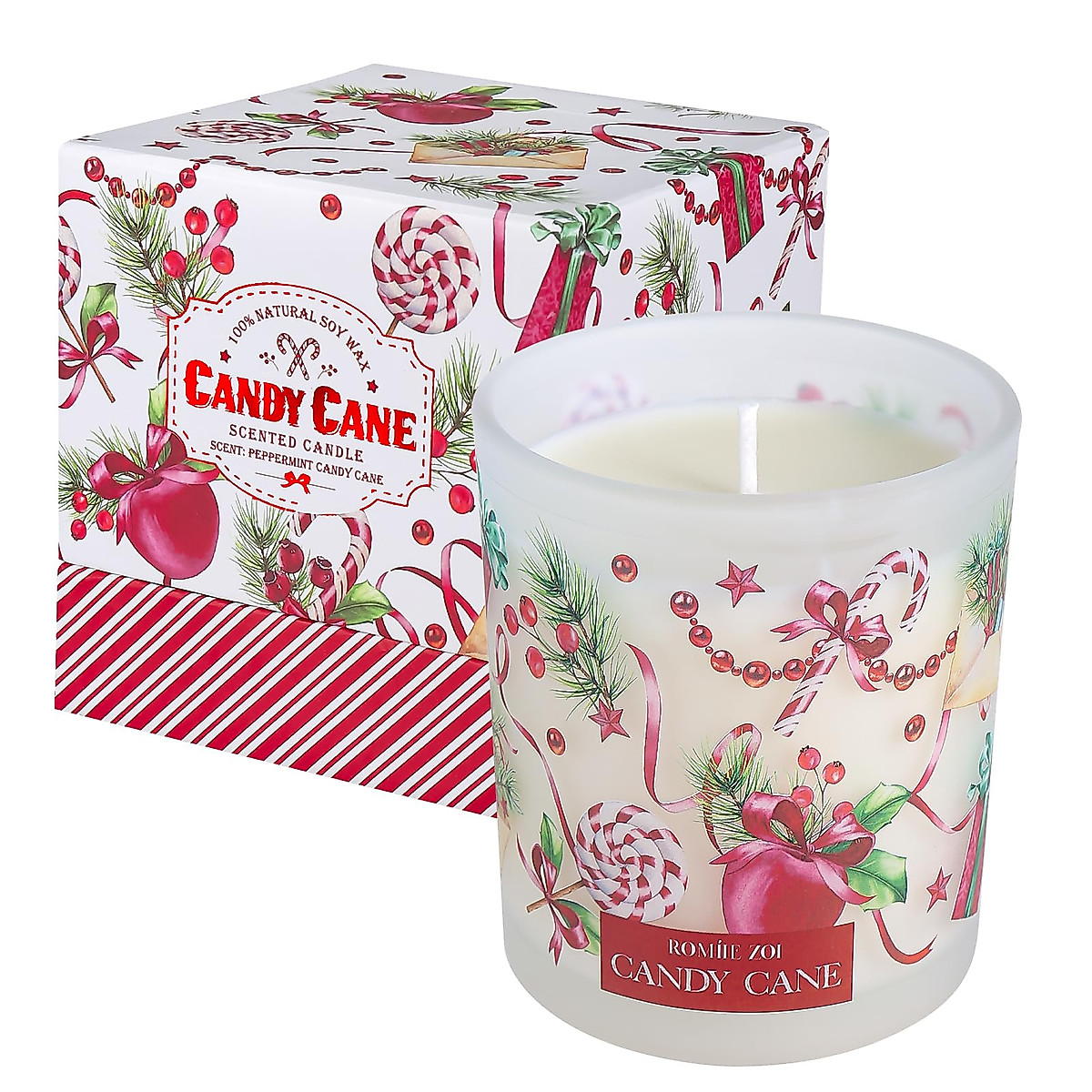 ROMIIE ZOI Christmas Scented Jar Candle - 6oz Soy Wax Candle - Candy Cane Infused with Peppermint Candy Cane Aroma - with Beautiful Keepsake Box Special for Christmas/Holiday Gifts