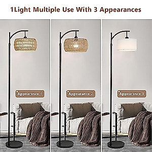Arc Floor Lamp with Remote Control, Dimmable LED Floor Lamp with 3 Color Temperature, Black Standing Lamp with Rattan & Fabric Double Drum Shade, Boho Farmhouse Tall Pole Lamp for Living Room Bedroom