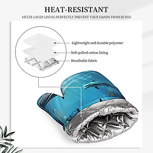 Blue Ocean Underwater Fish Printed Oven Mitts Heat Resistant Oven Gloves Non-Slip Silicone Kitchen Gloves for Cooking Baking BBQ Gloves 1 Pair