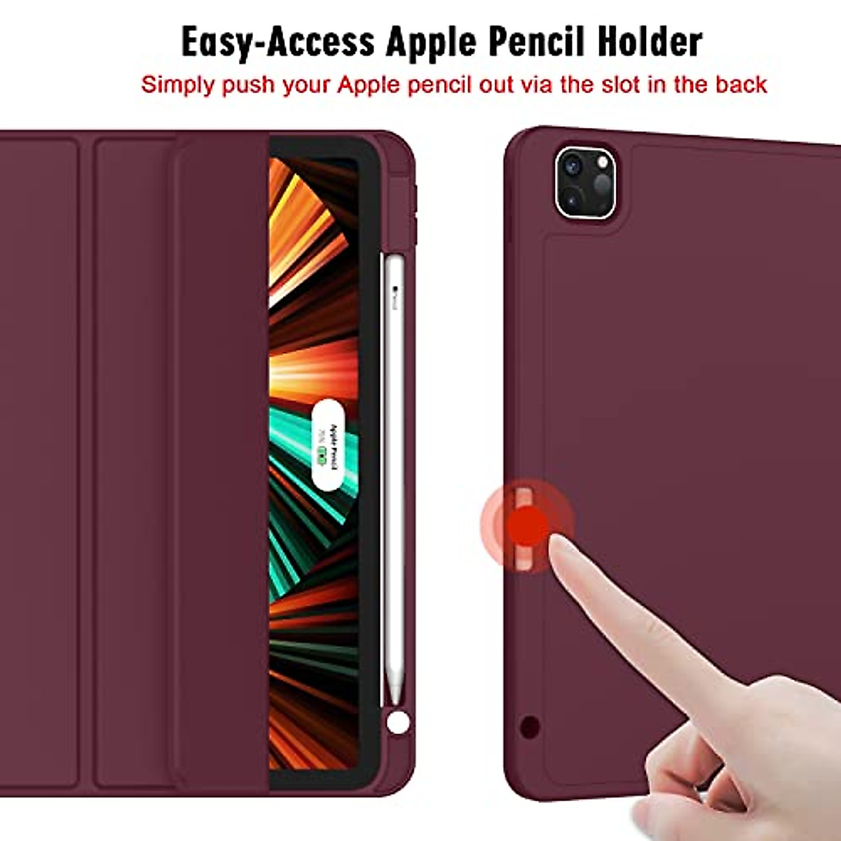 ZryXal New iPad Pro 12.9 Inch Case 2022/2021/2020(6th/5th/4th Gen) with Pencil Holder,Smart iPad Case [Support Touch ID and Auto Wake/Sleep] with Auto 2nd Gen Pencil Charging (Wine)