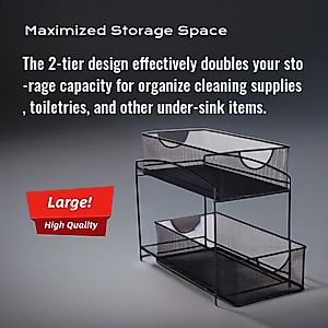 IBERG 2 Tier Under Sink Organizers and Storage - Sliding Bathroom Organizer - Kitchen Cabinet Organizer (Black)