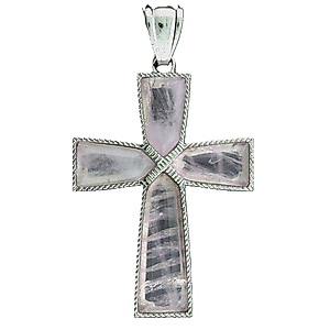 ONE Large 2 3/10 INCH SILVERPLATED GEM Stone Gemstone Rose Quartz Cross Pendant