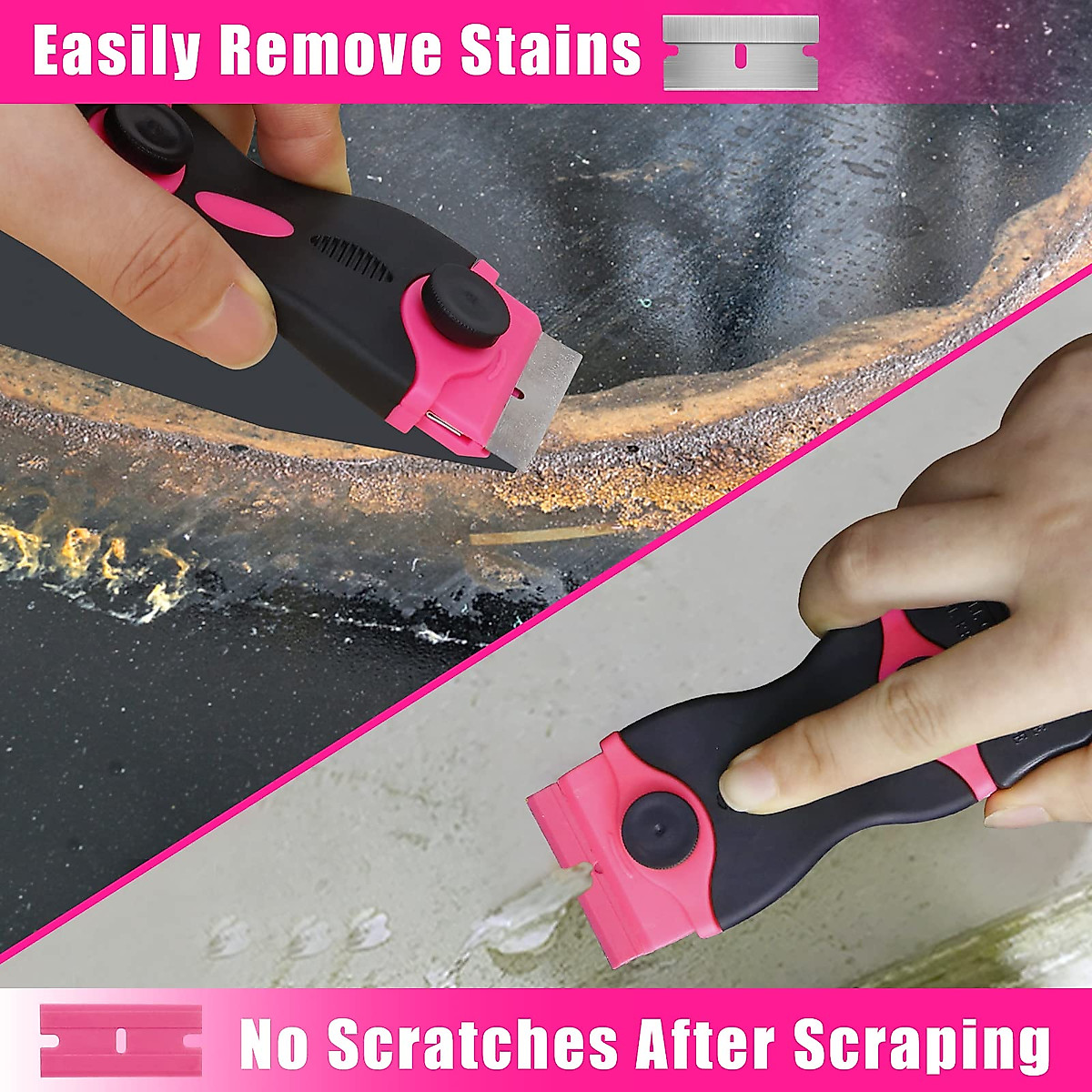 Razor Blade Scraper, THINKWORK 3Pcs Pink Razor Scrapers with 15pcs Metal and 30pcs Plastic Blades, Scraper Tool for Cleaning Paint, Decals, Adhesive, Caulk, Stickers, Glass, Labels, Window, Stovetop