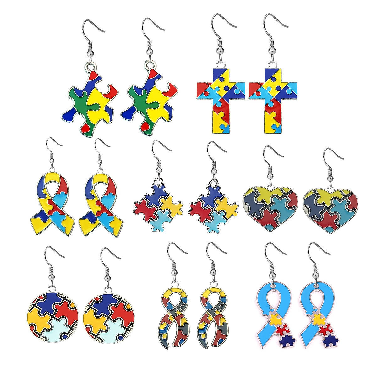 16 Pieces Autism Awareness Earring Multi Color Autism Puzzle Piece Women's earrings 8 Styles (8Pair, Zinc Alloy)