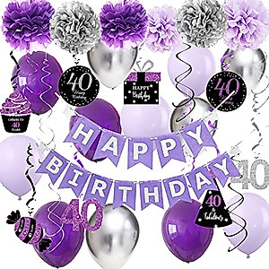 40th Birthday Decorations Women Purple Silver Black/40 Birthday Party Decorations Purple Silver Black Foil Hanging Swirls with Balloons Banner for Women 40th Birthday Party Supplies