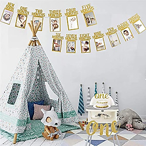 1st Birthday Baby Photo Banner for Newborn to 12 Months, with High Chair Banner, Monthly Milestone Photograph Bunting Garland First Birthday Celebration Decoration