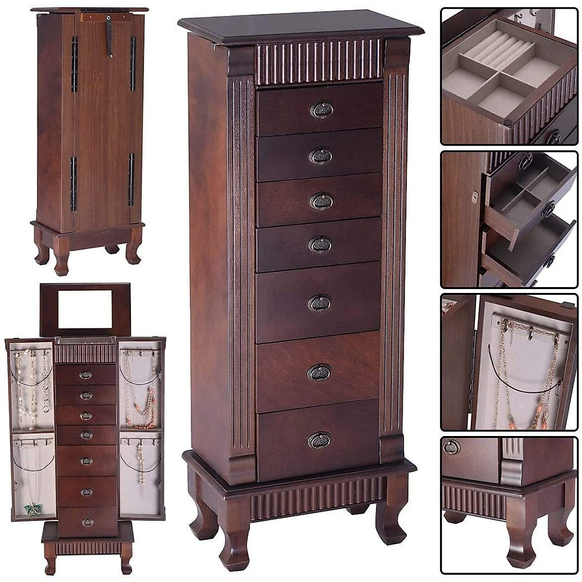 Hysache Jewelry Cabinet, Freestanding Jewelry Armoire Storage Chest w/ 7 Drawers, 2 Swing Doors, 12 Necklace Hooks, Large Capacity Wooden Jewellery Box Organizer for Bedroom Living Room