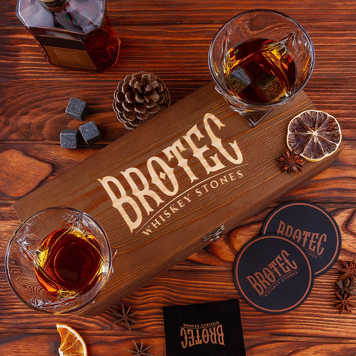 Whiskey Glass Set of 2 - Whyskey Rocks Chilling Stones & 2 Bourbon Glasses For Men or Women - Large 10oz No Lead Crystal Whiskey Glass And Stone Set - Premium Glassware in Wooden Box