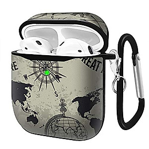 Slim Form Fitted Printing Pattern Cover Case with Carabiner Compatible with Airpods 1 and AirPods 2 / Pattern with Vintage Globe, Compass, World map and Wind Rose