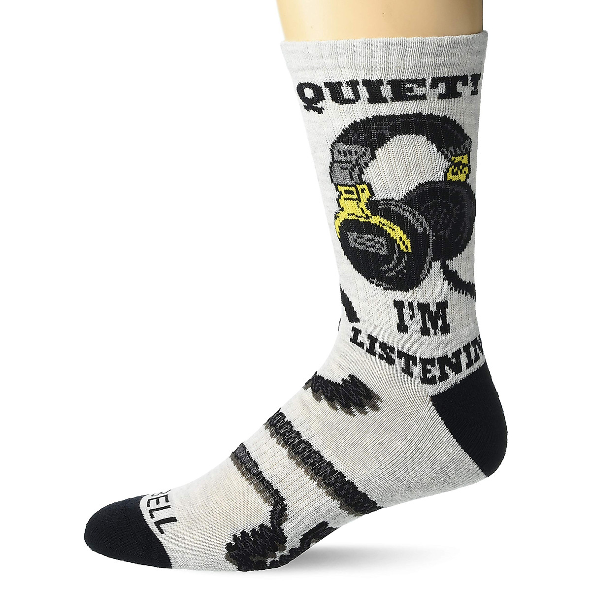 K. Bell Socks Men's Music to My Ears Novelty Crew Socks, Quiet (Gray Heather), Shoe Size: 6.5-12
