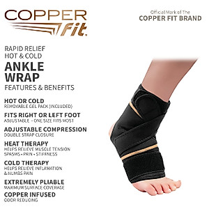 Copper Fit Rapid Relief & Hot/Cold Ankle Foot Wrap with Hot Cold Pack, Black, One Size Fits Most