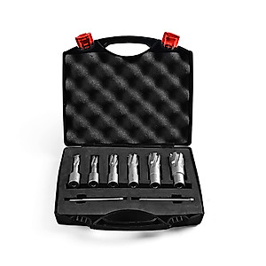 Annular Cutter Set Carbide 8pcs JESTUOUS 3/4 Inch Weldon Shank 1-3/8 Cutting Depth and Cutting Diameter from 1/2 to 1-1/16 Two Flat TCT Bit for Drill Press with 2 Pilot Pins