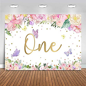Mocsicka Butterfly Floral Birthday Backdrop Girls Princess Watercolor Flowers Golden Dots Background Banner Vinyl Happy 1st First Birthday Party Decoration Cake Table Photo Booth (7x5ft)
