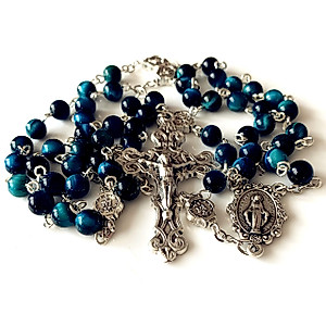 elegantmedical Handmade Blue Tiger Eye Beads Our Lady of Grace Rosary Cross Necklace Catholic Gifts