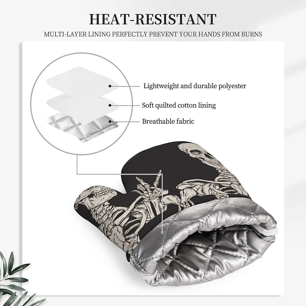 Silicone Heat Resistant Oven Mitts Set, Halloween Human Skull Skeleton Best Friend Waterproof Non-Slip Thick Gloves for Kitchen BBQ Cooking Grilling Baking, Sets of 2, 11 in