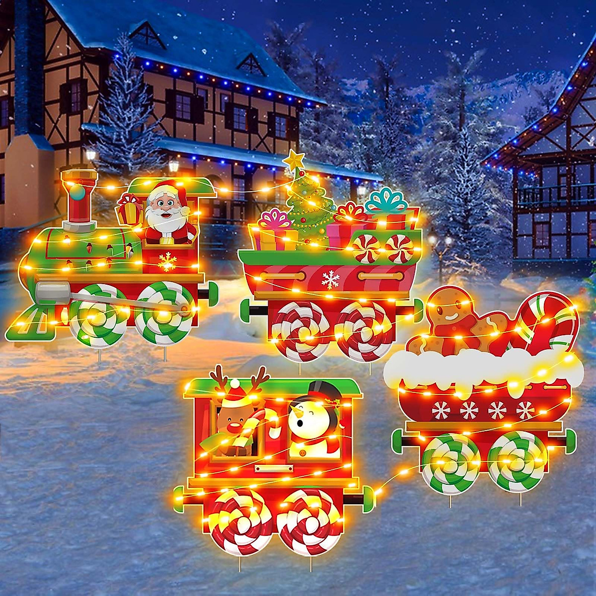 DONSAJI Christmas Train Yard Signs with 200 LED Lights - Xmas Tree Santa Gingerbread Snowman Train Set Lawn Signs with Metal Stakes for Holiday Lawn Garden Yard Outdoor Christmas Decorations, 4 Pack