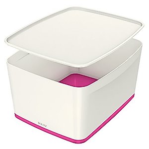 Leitz Large MyBox with Lid, Storage Box for Home and Office, High Gloss Plastic, 18 Litre, A4, White/Pink Metallic