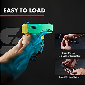 SABRE Pepper Projectile Launcher, Home Defense. Mag holds 7 .68 Caliber projectiles, Adjustable Fiber Optic Sights, Direct Impact Up to 60ft. Area Saturation Up to 175ft, 350 FPS Velocity. 12g CO2