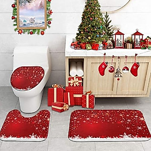 ArtSocket Christmas Bathroom Rugs and Mats Set 3 Piece, Snowflake Red Rugs Non Slip, Winter Snow Absorbent Microfiber Memory Foam Bath Mat Machine Washable Bathroom Floor Mats