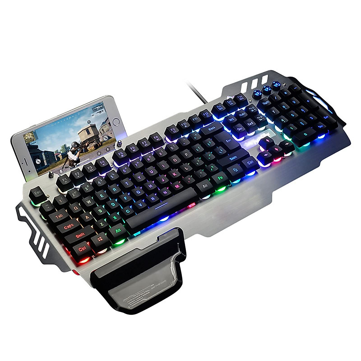 MUMUJJ Computer Gaming Mechanical Keyboard, 7-Color Rainbow Backlit Effect, with Mobile Phone Holder, Multimedia Shortcuts, Black